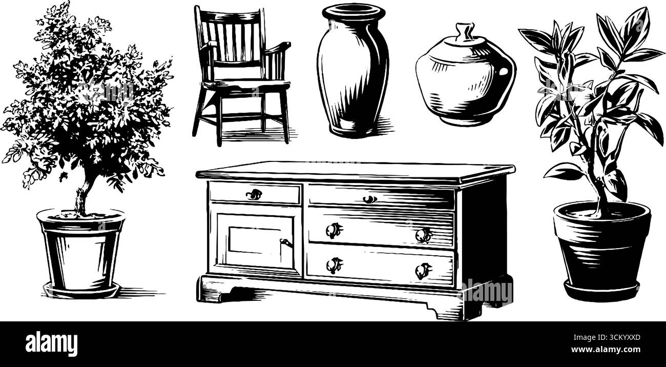Mid century modern furniture and objects sketch for interior design ...