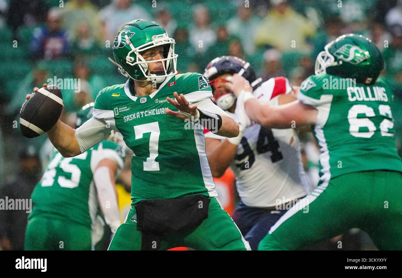 Saskatchewan Roughriders quarterback Trevor Harris (7) looks for a pass against the Montreal ...