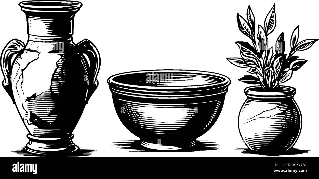 Greek style amphora and cracked pot set for artistic design and decor ...