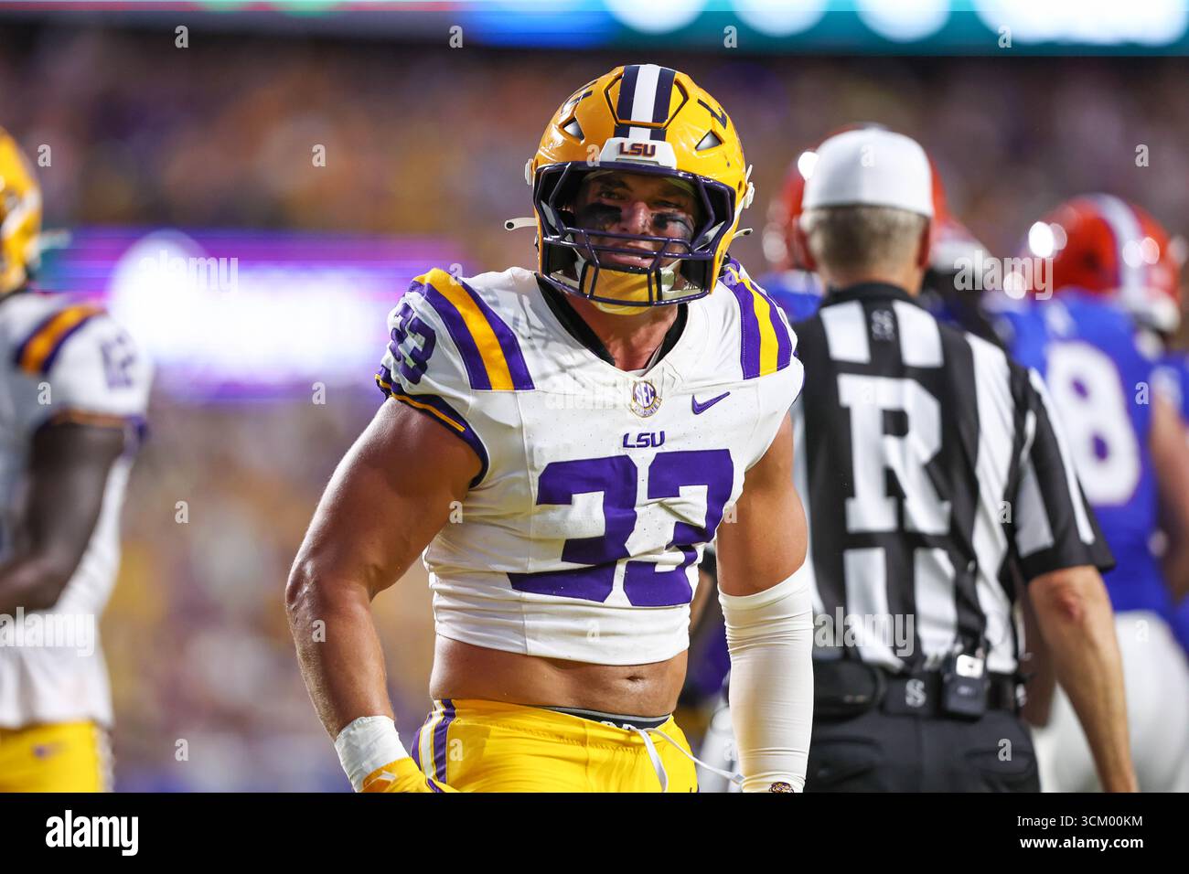 September 13, 2025: LSU linebacker West Weeks (33) celebrates a tackle ...
