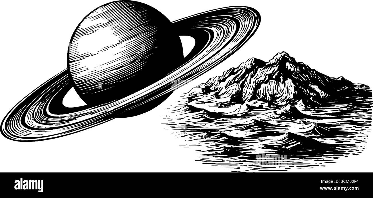 Celestial scene with saturn and meteor crater in hand-drawn vintage ...
