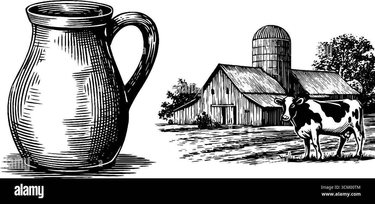 Rustic farm scene with milk pail and barn silhouette for country living ...
