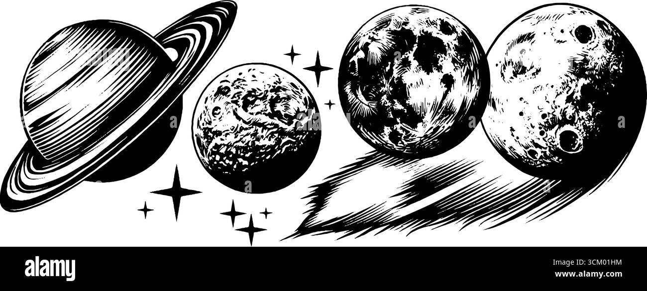 Vintage celestial bodies with rings and orbit paths for retro design ...