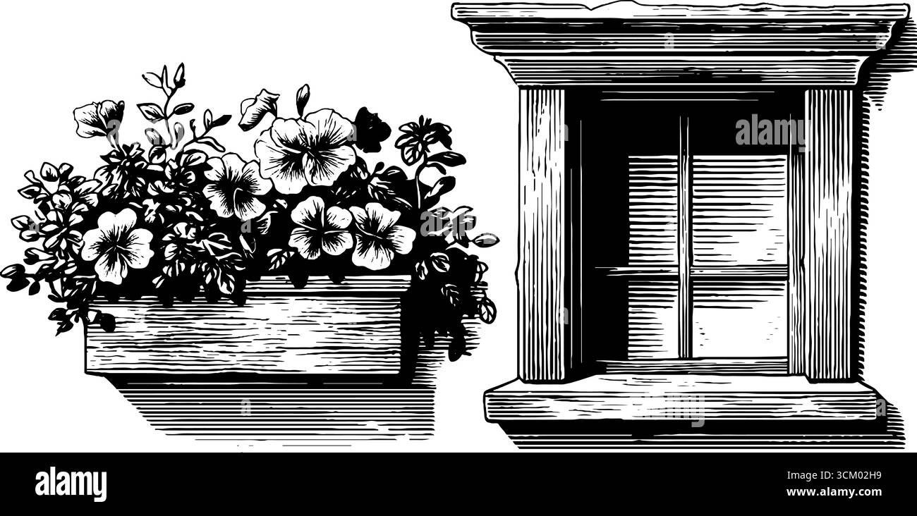 Vintage stone cottage window with carved lintel and flower box sketch ...