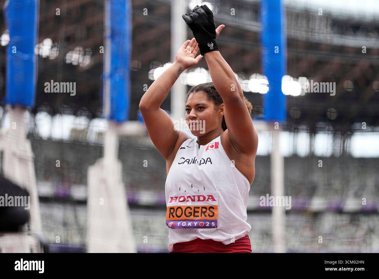 Canada's Camryn Rogers reacts after an attempt in the women's hammer ...