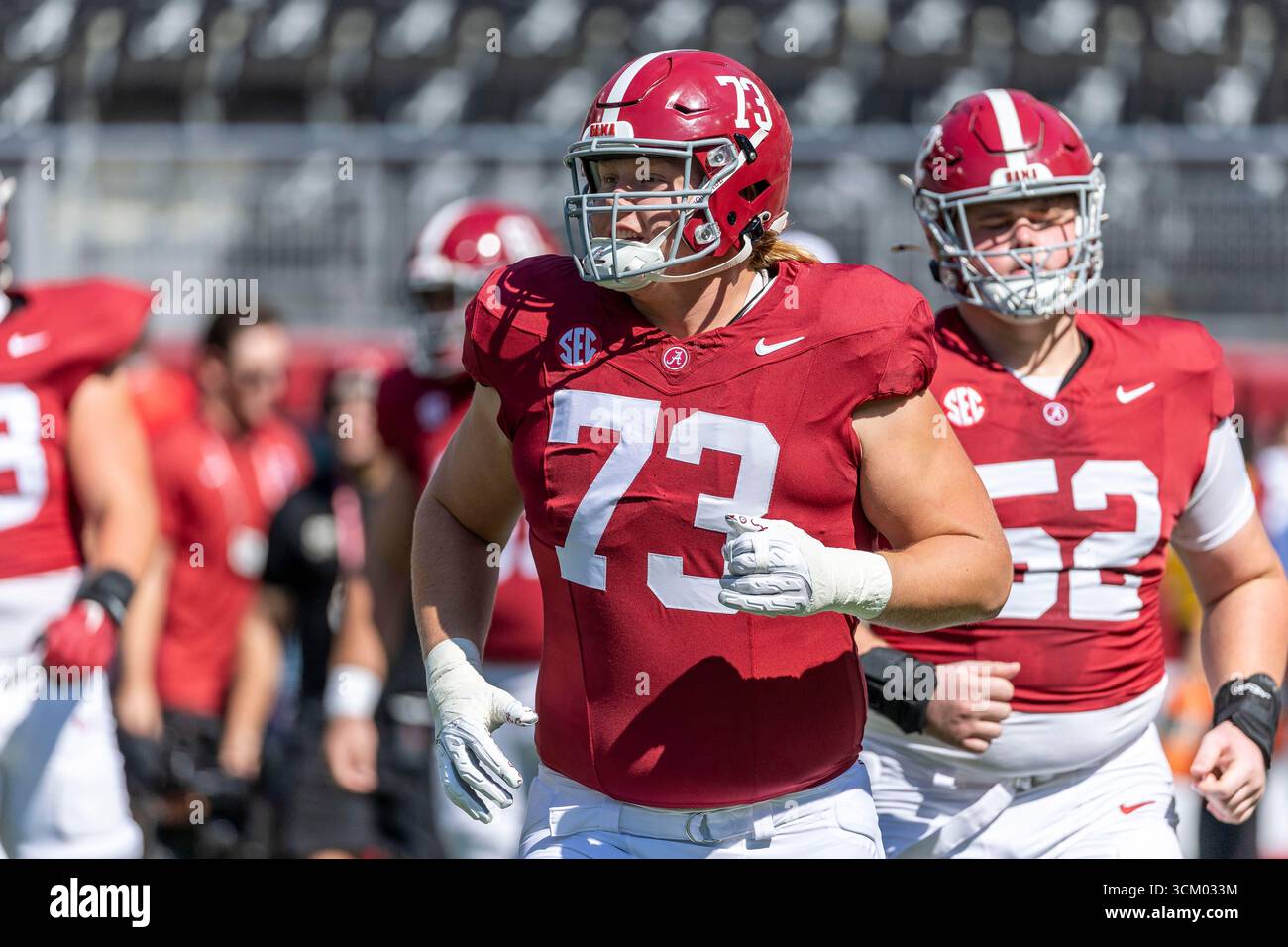 Alabama offensive lineman Olaus Alinen (73) warms up before an NCAA ...