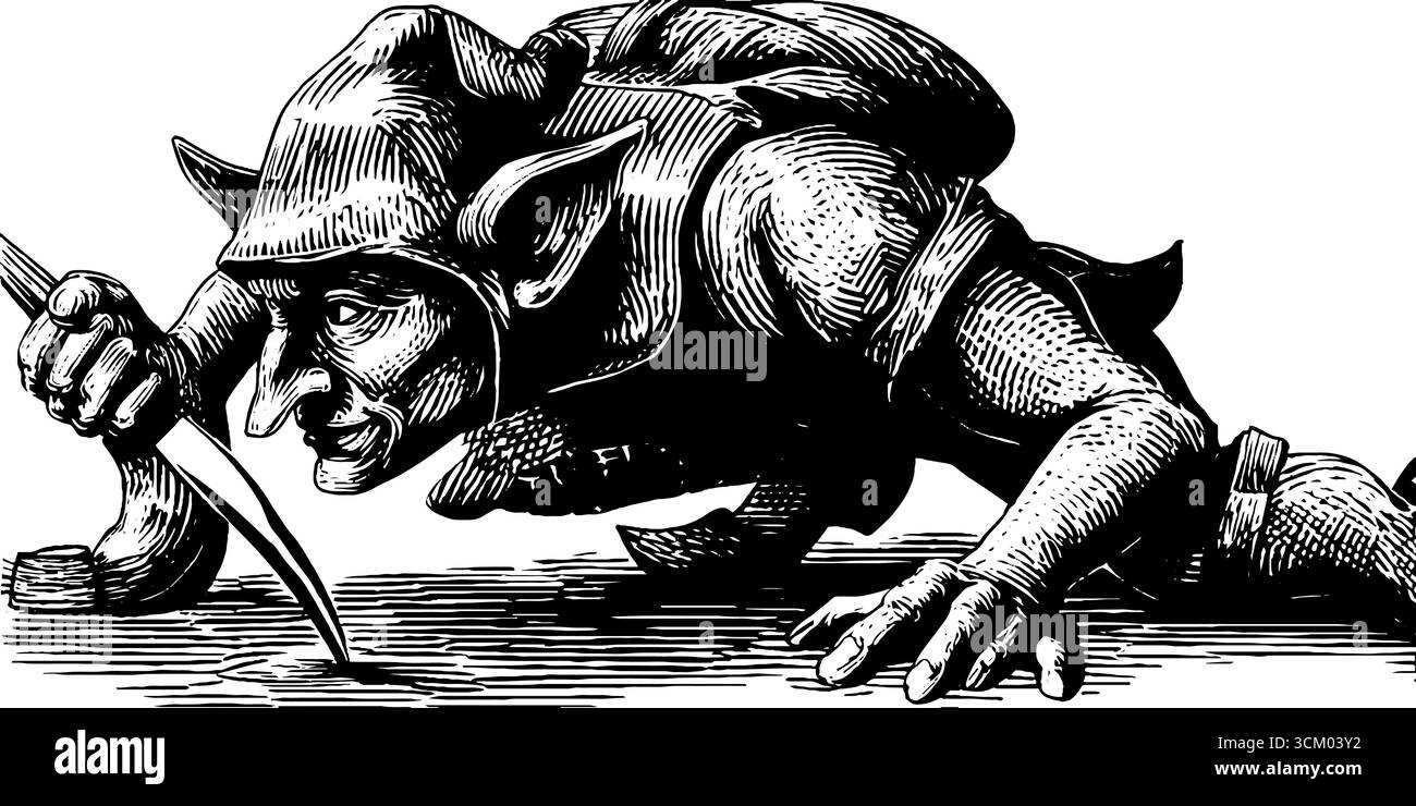 Crouching goblin rogue with curved dagger engraving for fantasy design ...