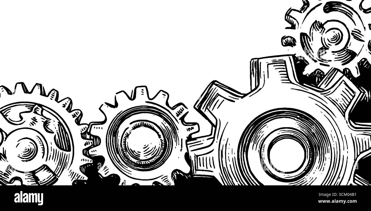 Hand drawn vintage gear cogs in black and white design for posters and ...