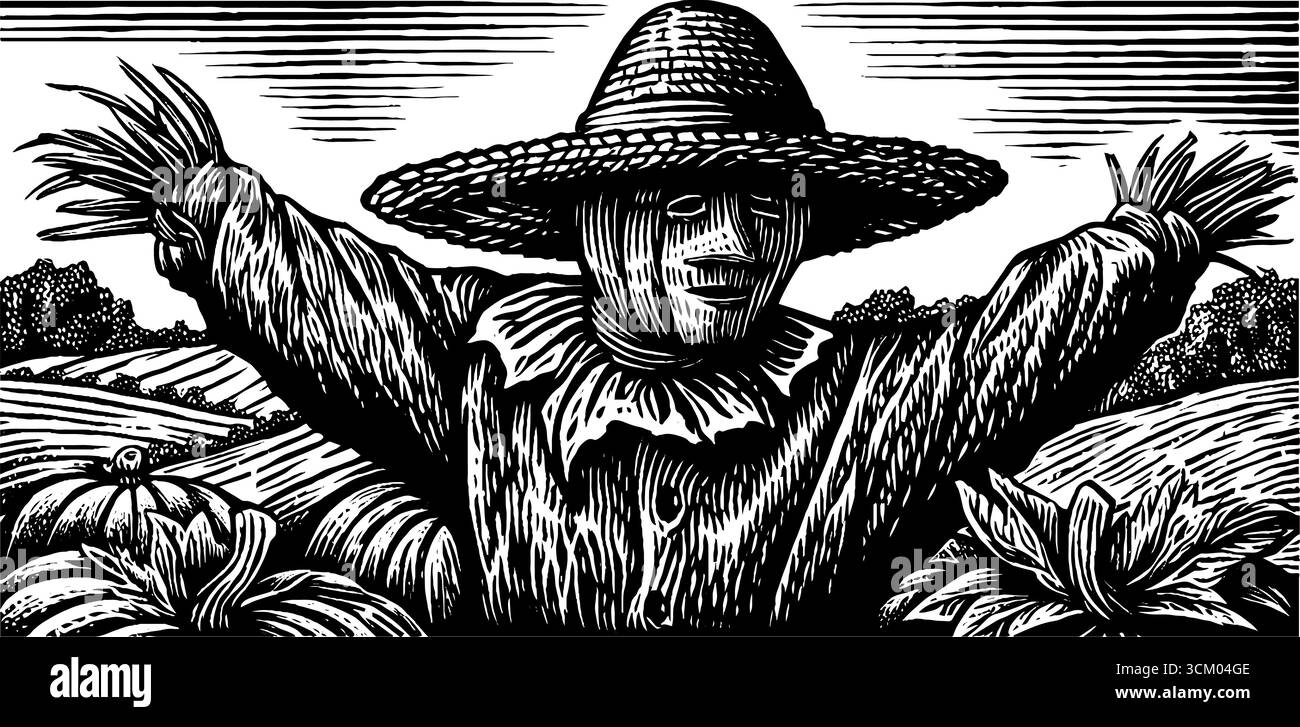 Rustic scarecrow in pumpkin patch black and white artwork for autumn ...