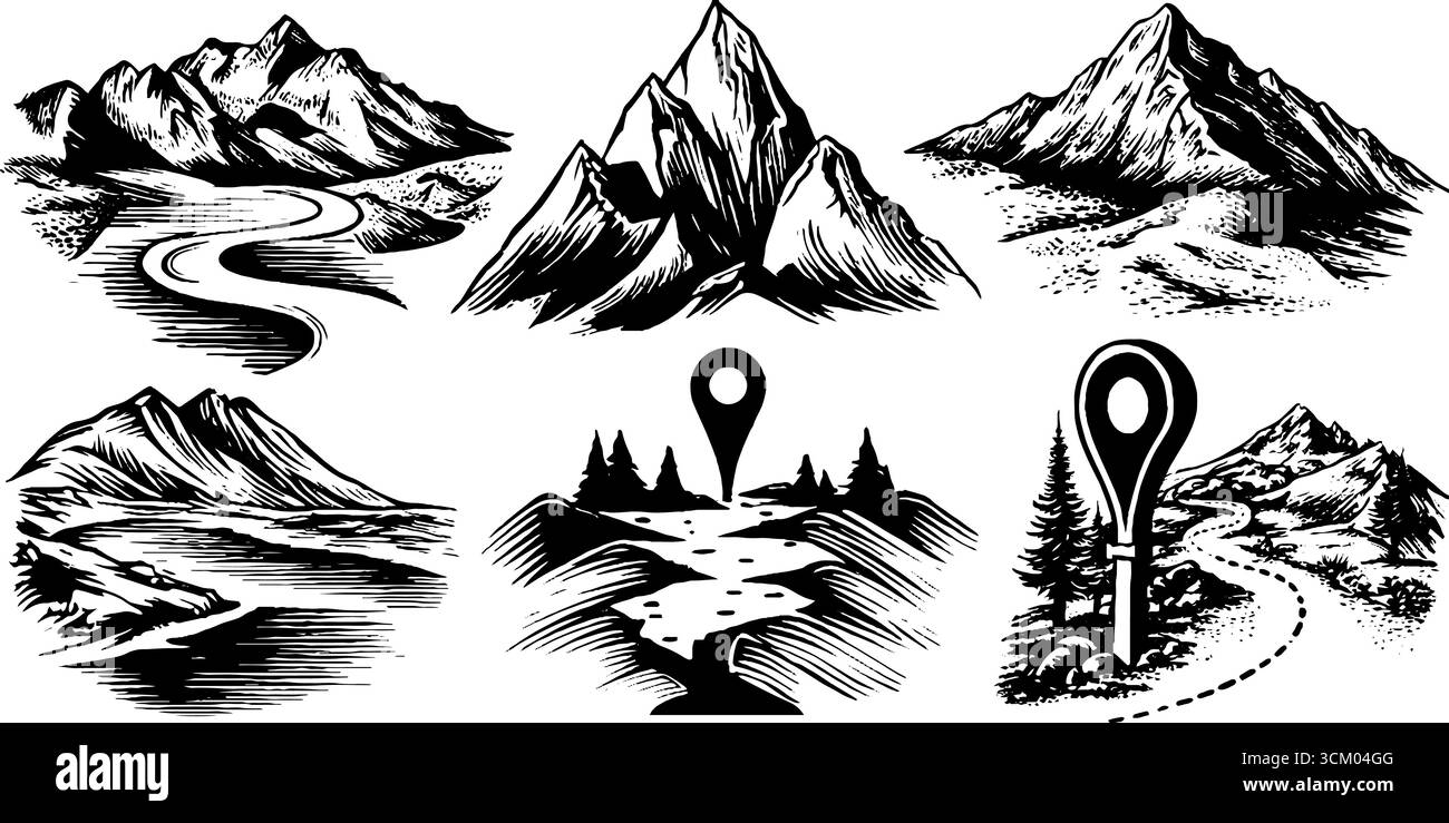 Vintage mountain and river landscapes with exploration map icons for ...
