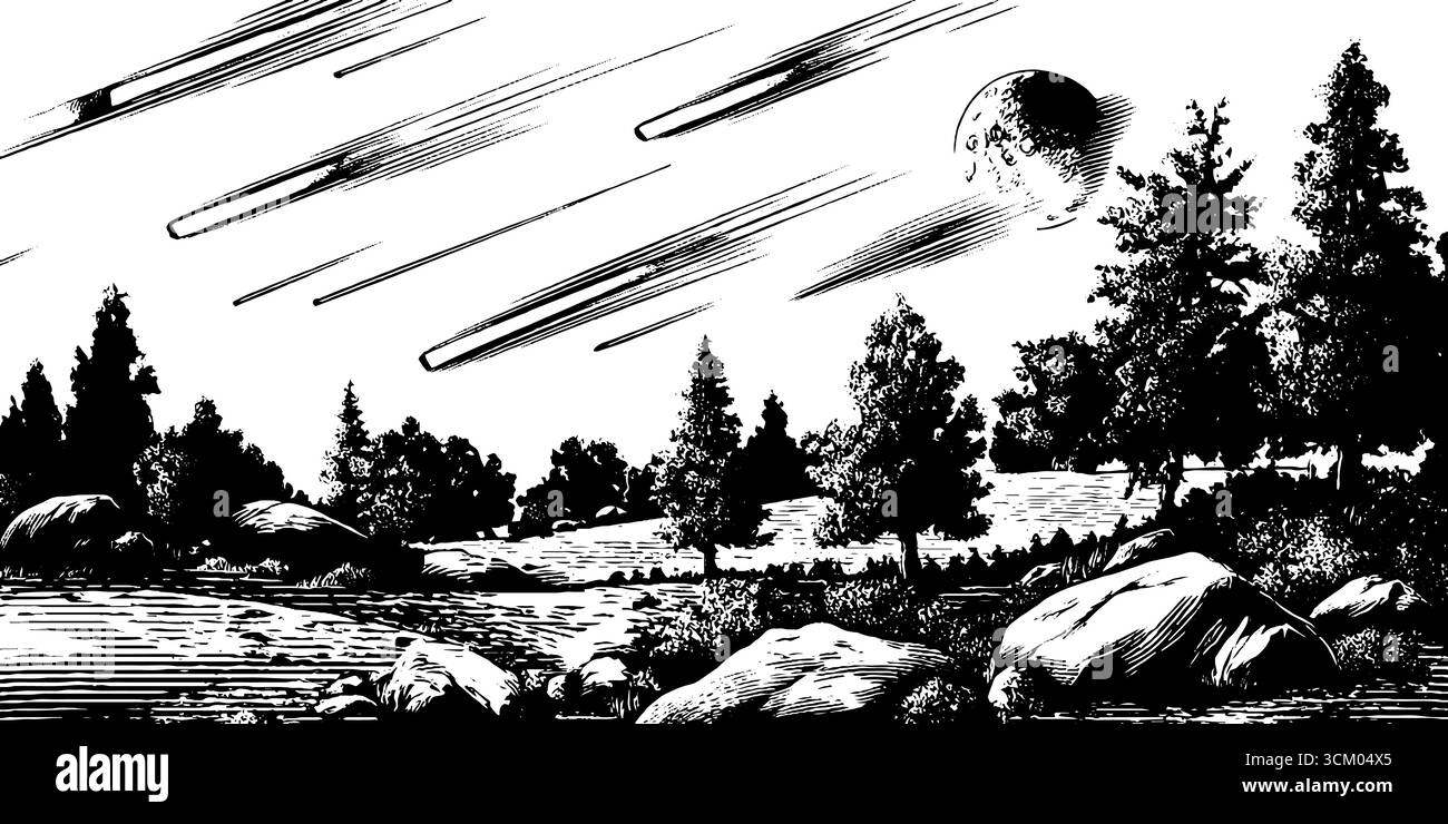 Celestial meteor shower scene with trees and moon silhouette for ...