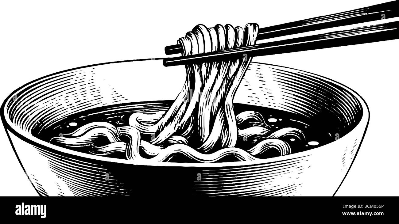 Hand drawn noodle bowl with chopsticks and broth for culinary design ...