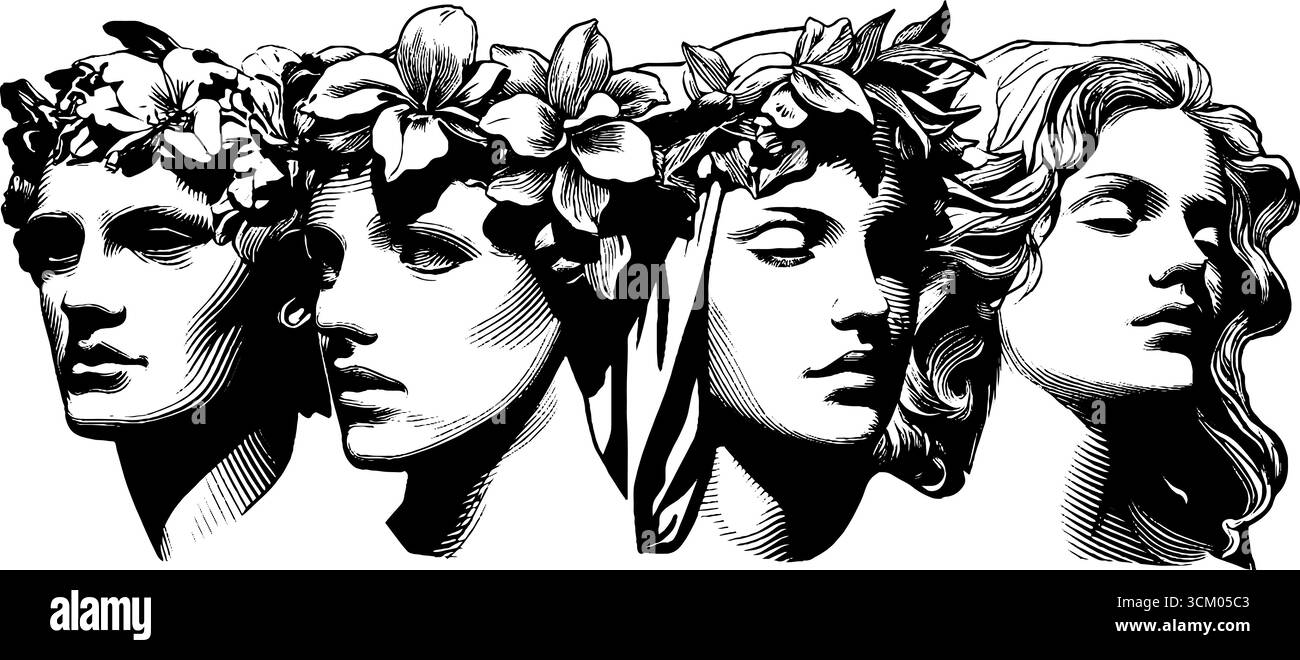 Ornamental figures with floral elements and fluid shapes for retro ...