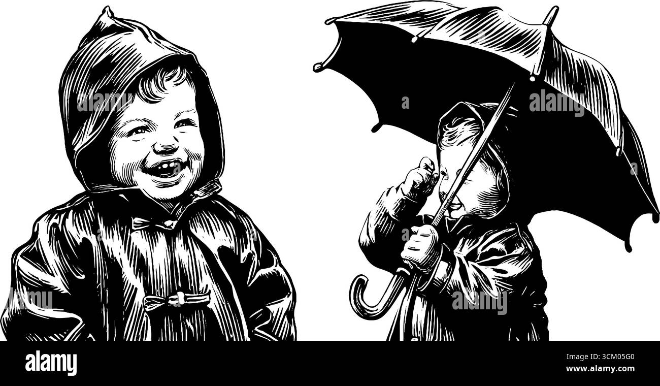 Smiling child in raincoat holding umbrella - vintage hand drawn design ...