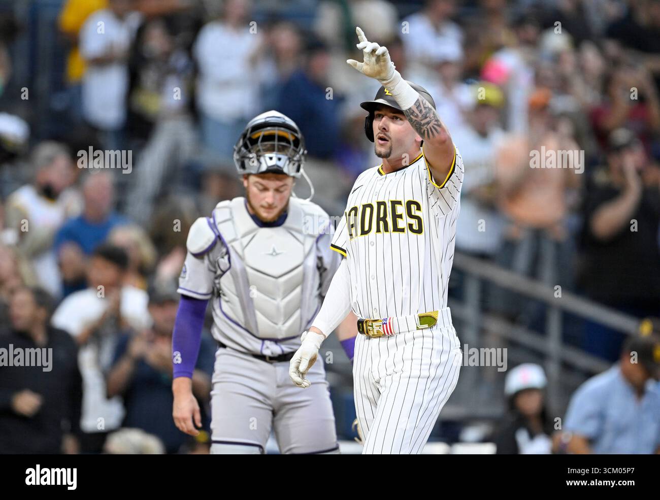 San Diego Padres' Jackson Merrill (3) celebrates after hitting a solo ...
