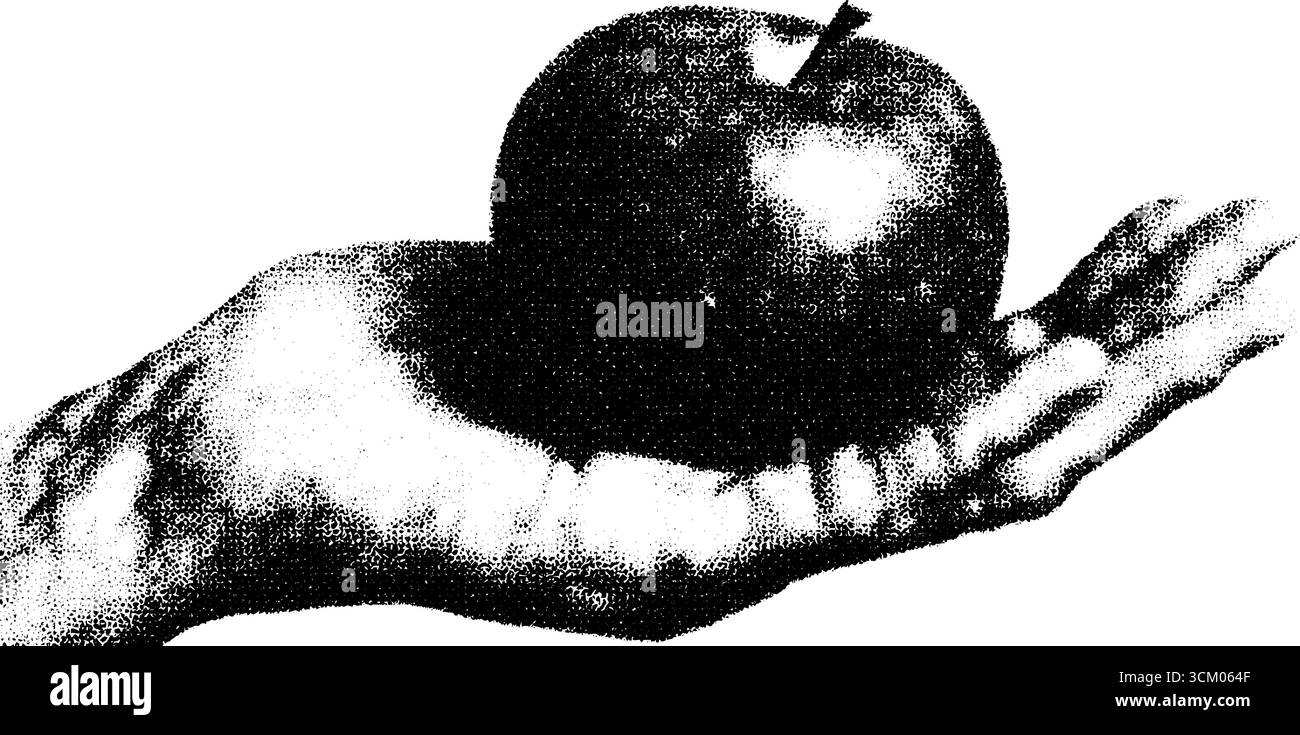 Pop art human hand holding apple in halftone collage for print design ...