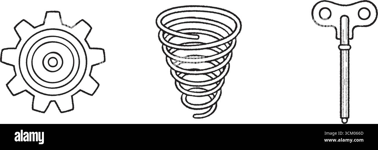 A clean row of mechanical and motion symbols including a cog a tornado ...