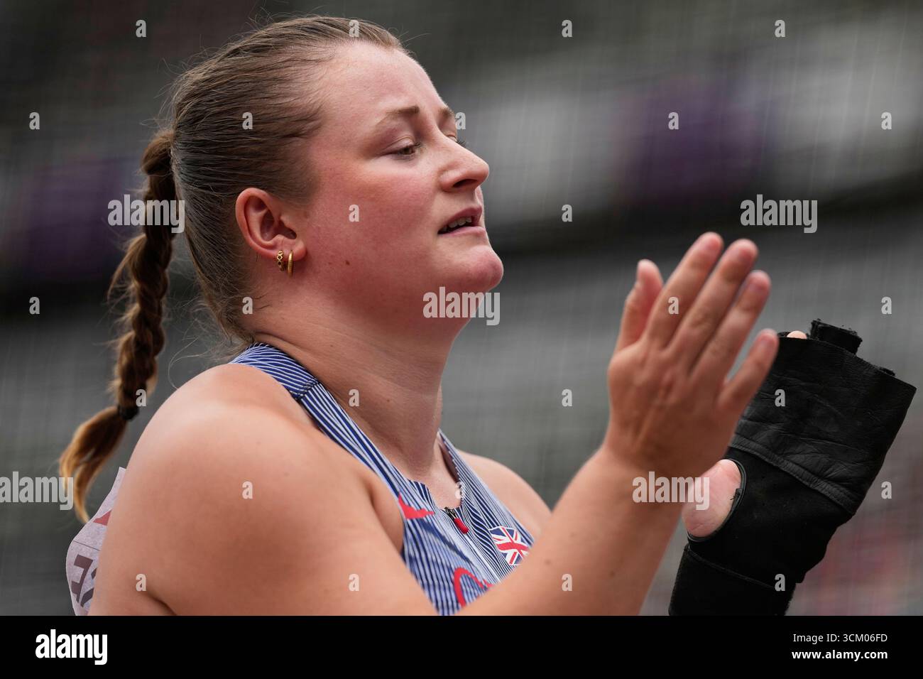 Britain's Anna Purchase reacts in the women's hammer throw ...