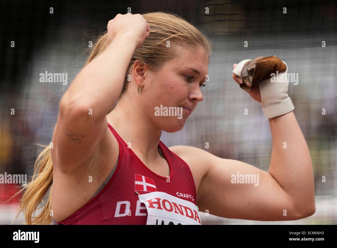 Denmark's Katrine Koch Jacobsen reacts in the women's hammer throw ...