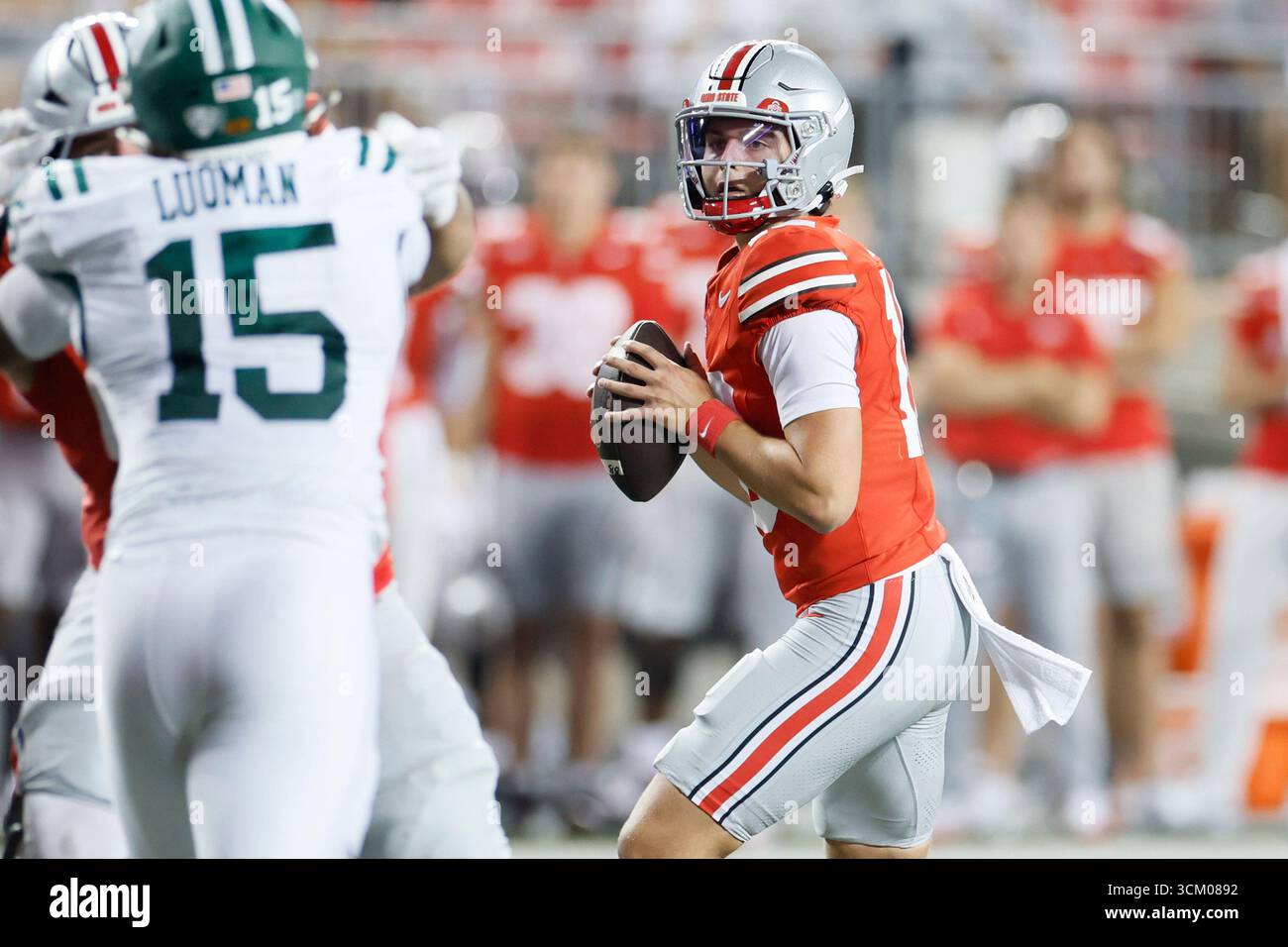 Ohio State quarterback Julian Sayin drops back to pass against Ohio ...