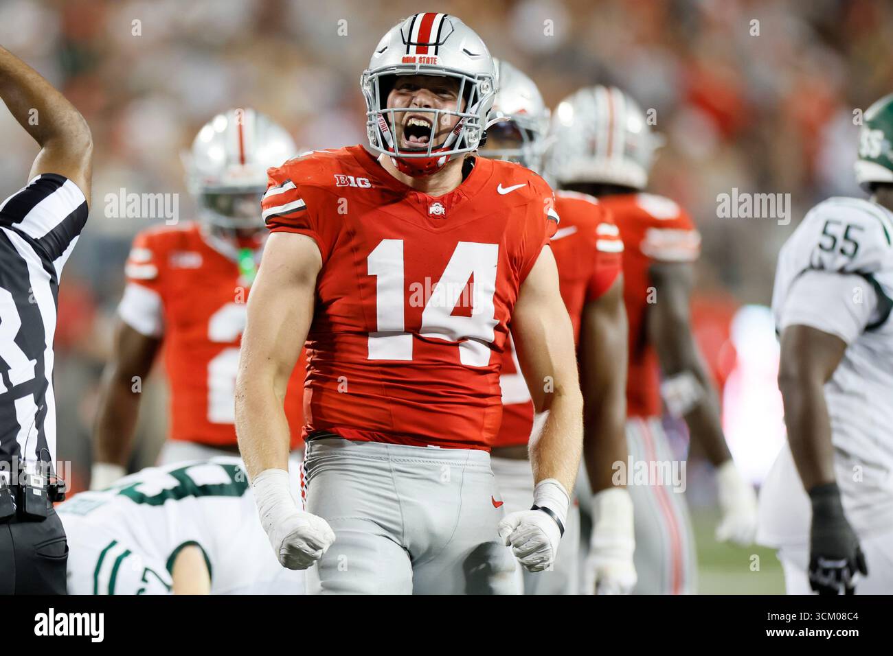 Ohio State defensive lineman Beau Atkinson celebrates his sack against ...