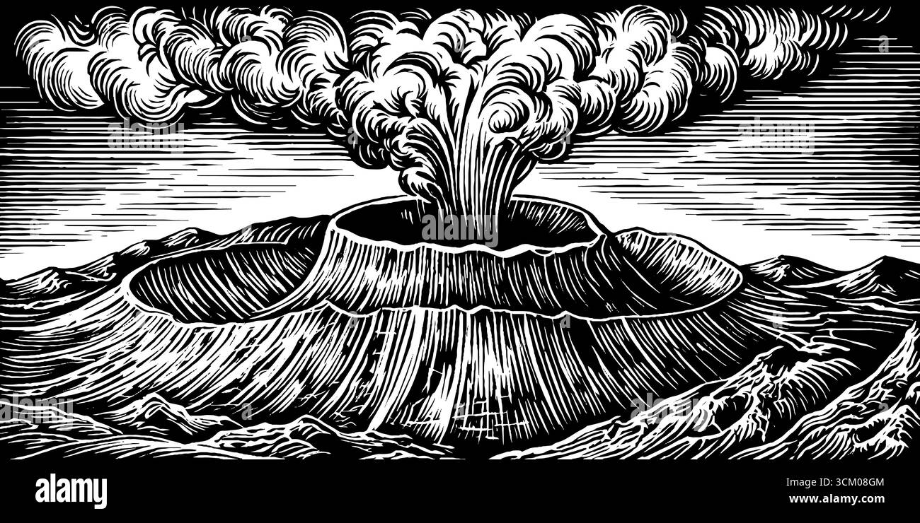 Volcanic crater with wafting smoke plume in black and white vintage ...