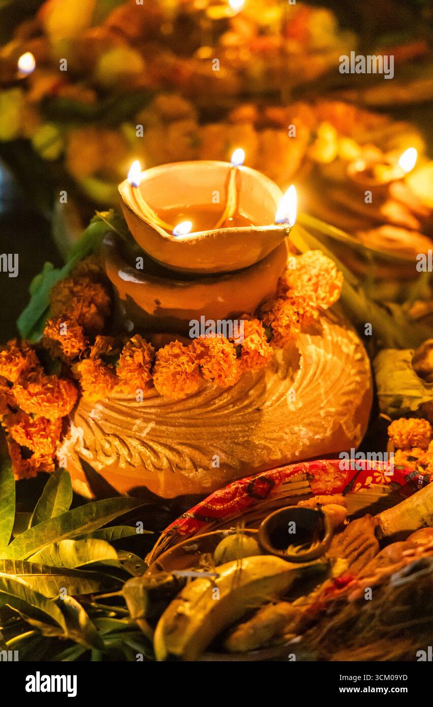 sacred oil lamp on the occasion of holy chhath puja at outdoor Stock ...