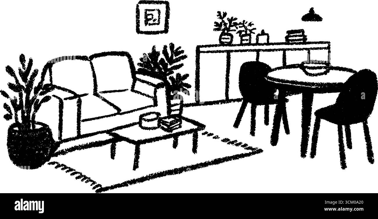 Cozy open plan living and dining area sketch for home design Stock ...