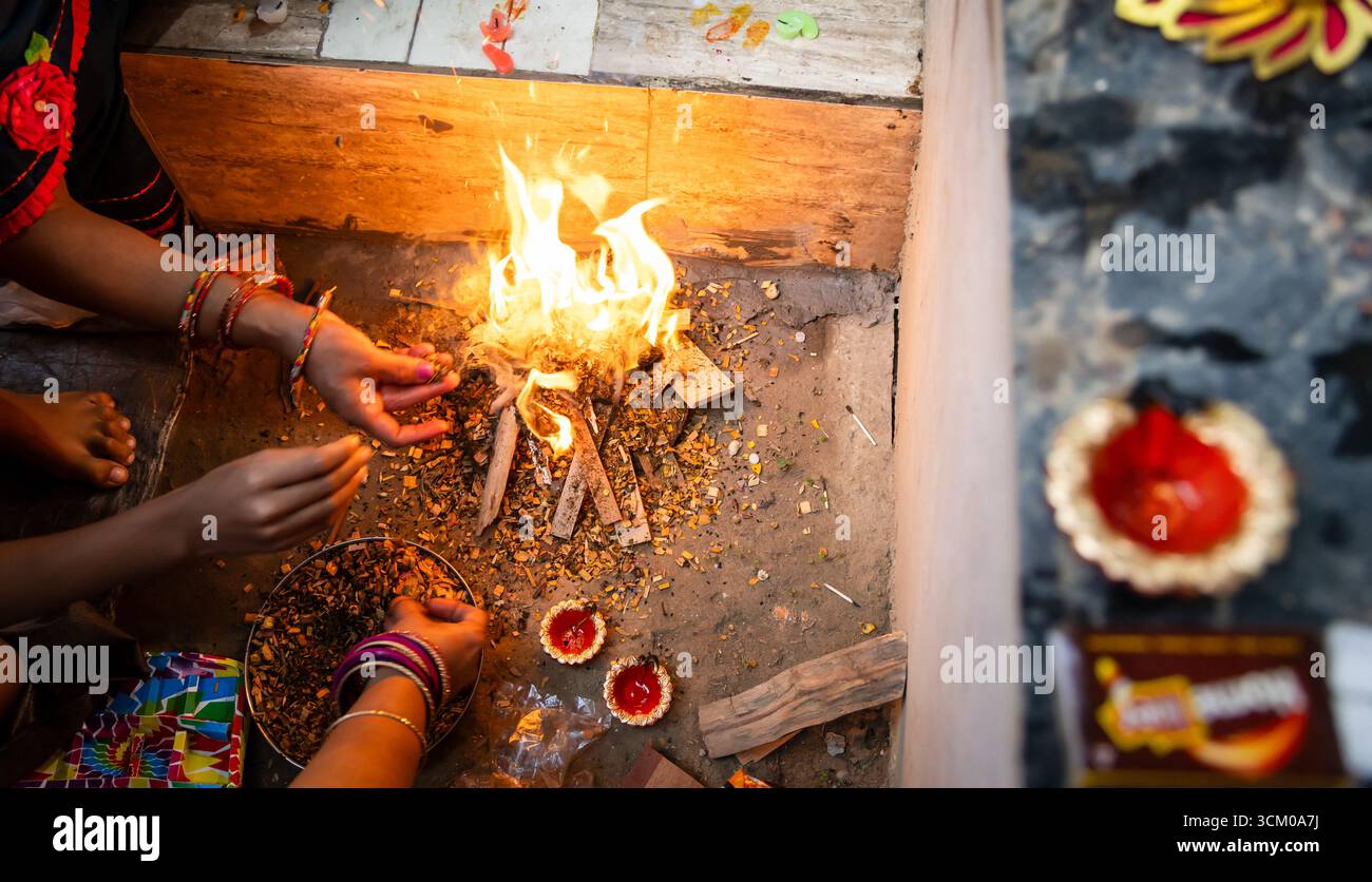 holy fire altar of hindu rituals at sacred festival ceremony with ...