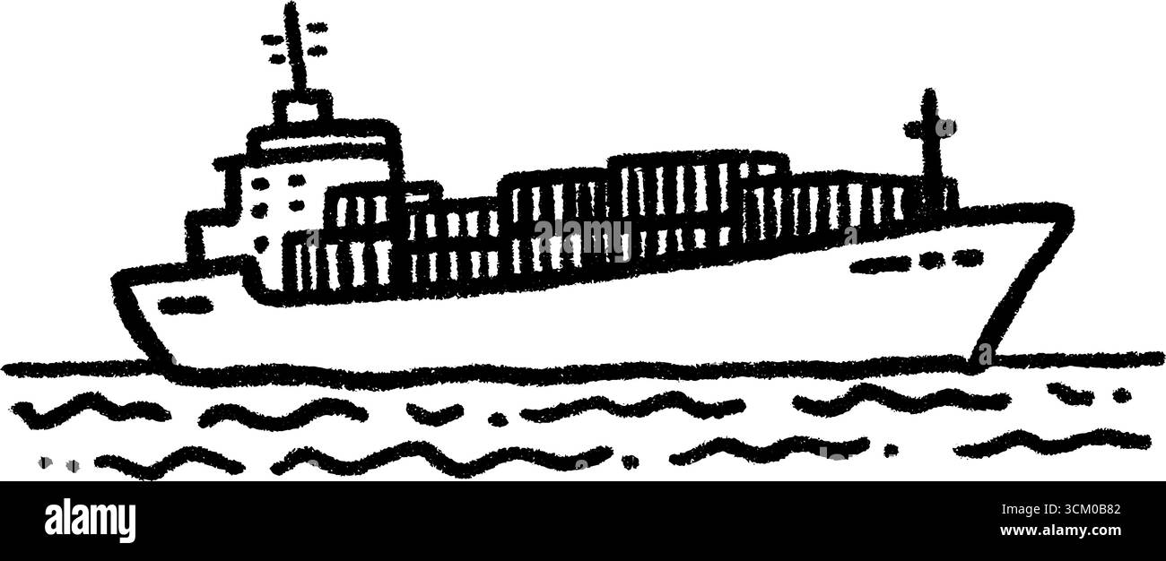 Hand drawn sketch of cargo ship with containers on calm sea for ...
