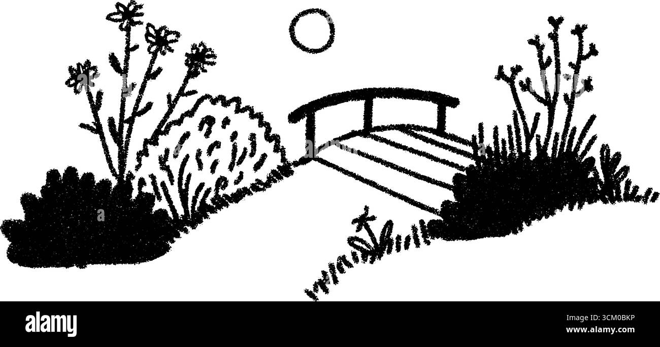 Hand drawn canal path with footbridge and shrubs in black and white ...