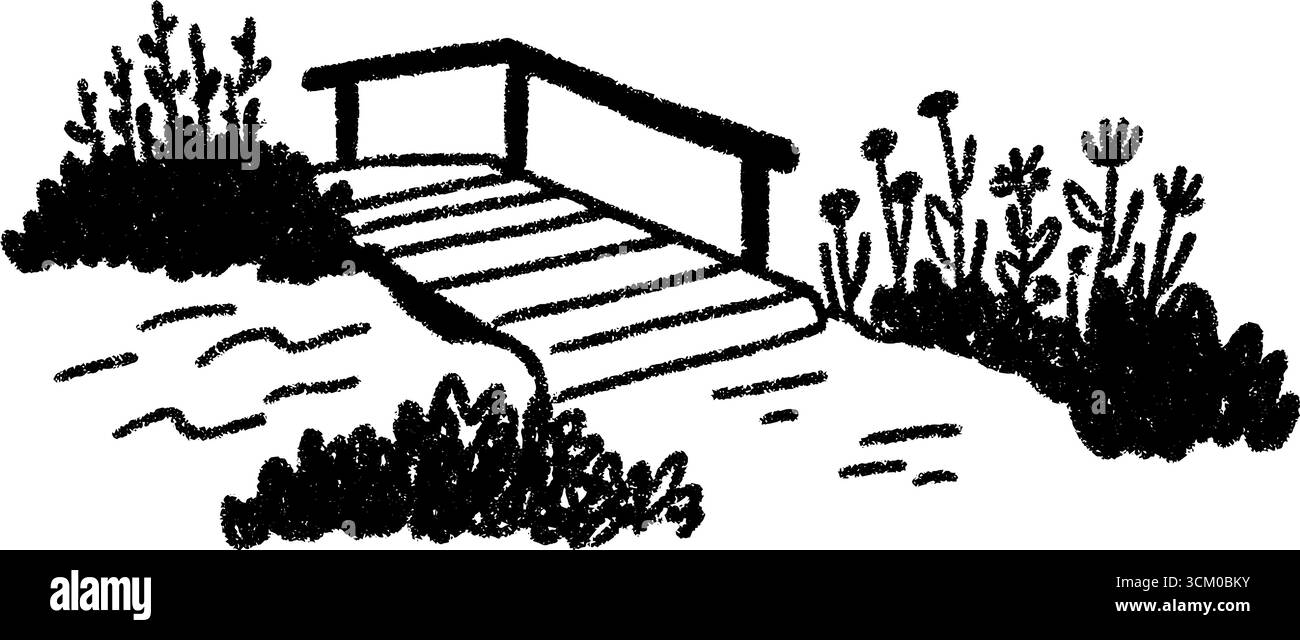 Charming canal path with footbridge and lush shrubs in hand drawn ...