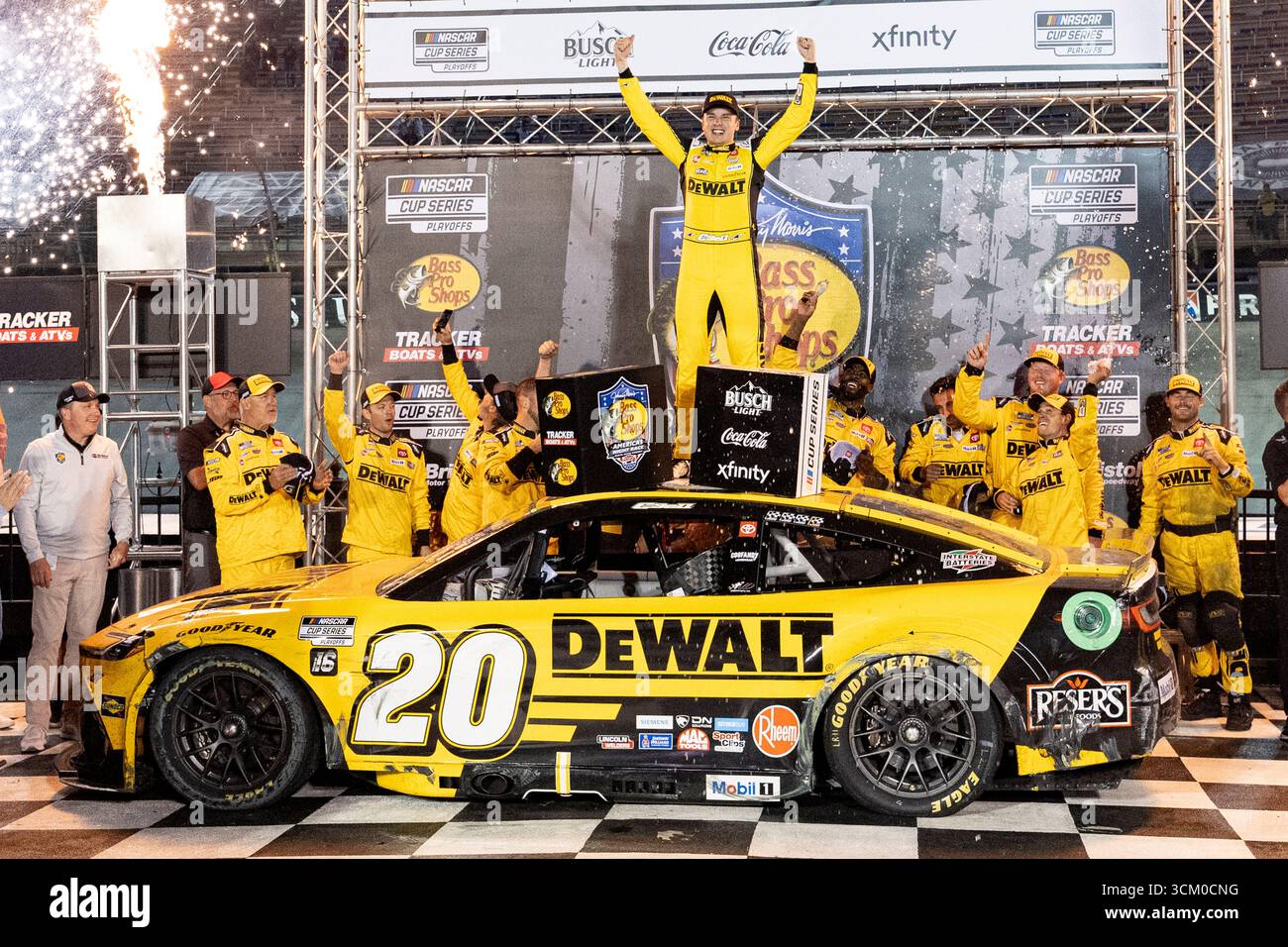 Christopher Bell (20) celebrates winning a NASCAR Cup Series auto race ...