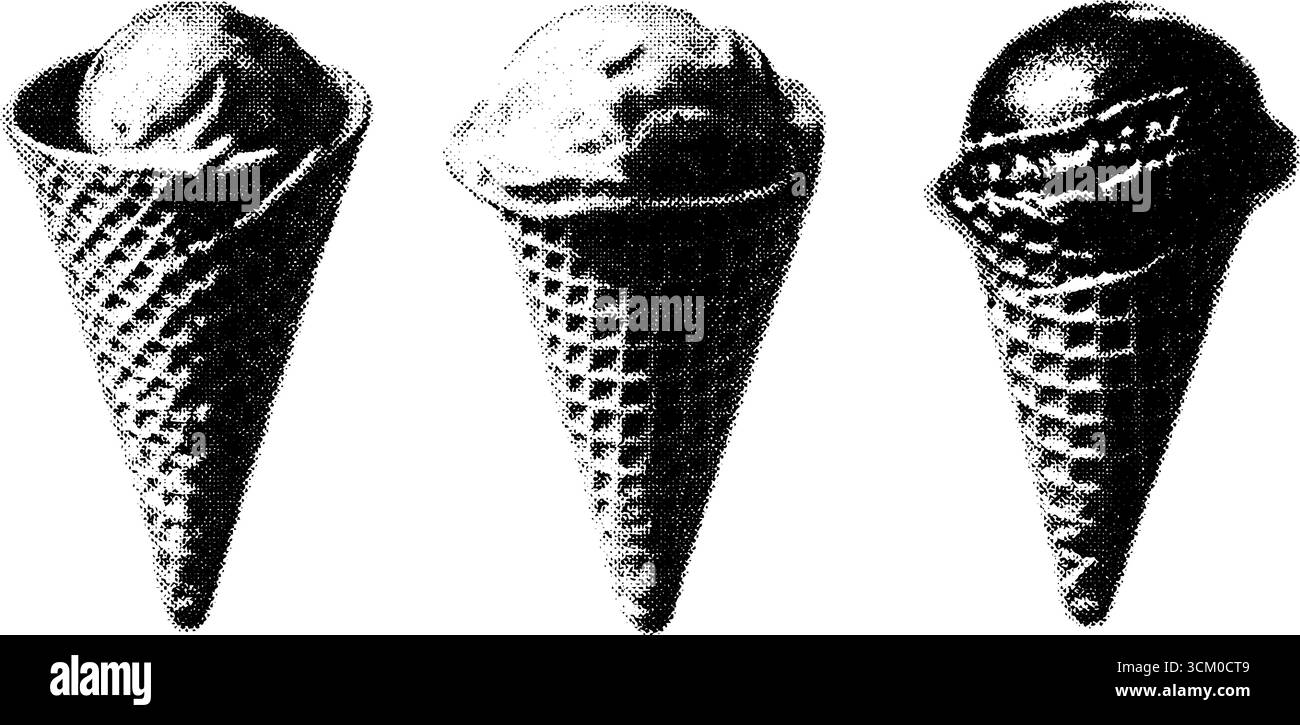 Vintage style ice cream cone trio in halftone dot design for retro ...