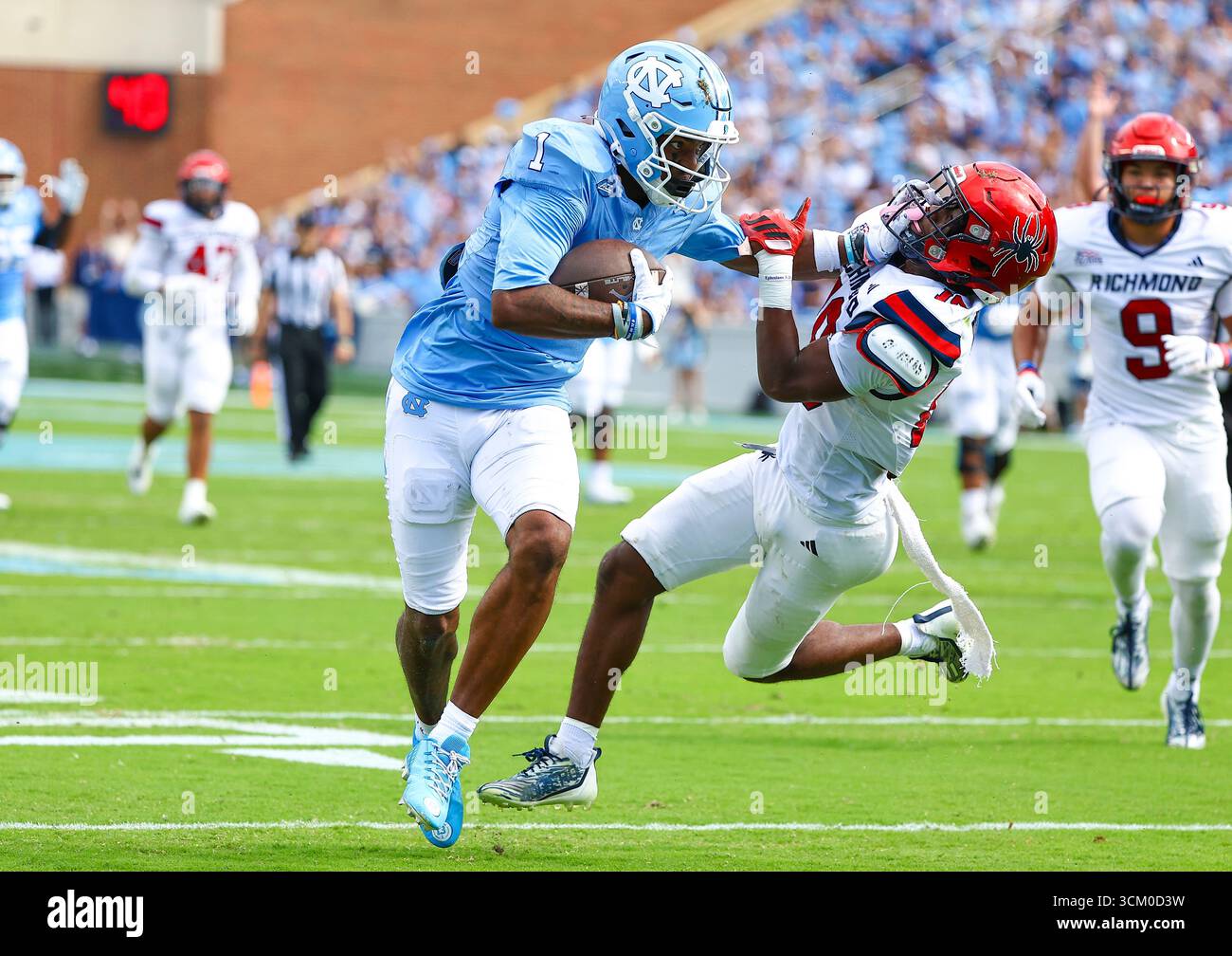 September 13, 2025: North Carolina wide receiver Jordan Shipp (1) stiff ...
