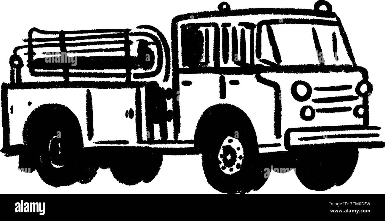 Fire engine sketch with visible hose reel - hand drawn artwork for ...