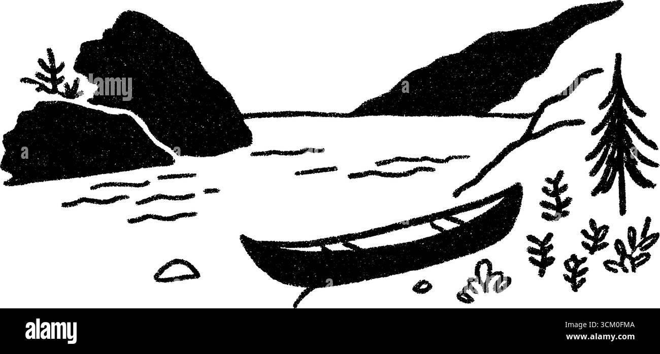 Serene kayak beside riverbank with scenic landscape drawing Stock ...