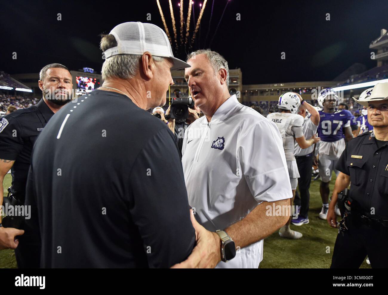 September 13, 2025: TCU Horned Frogs coach Sonny Dykes (right) shakes ...