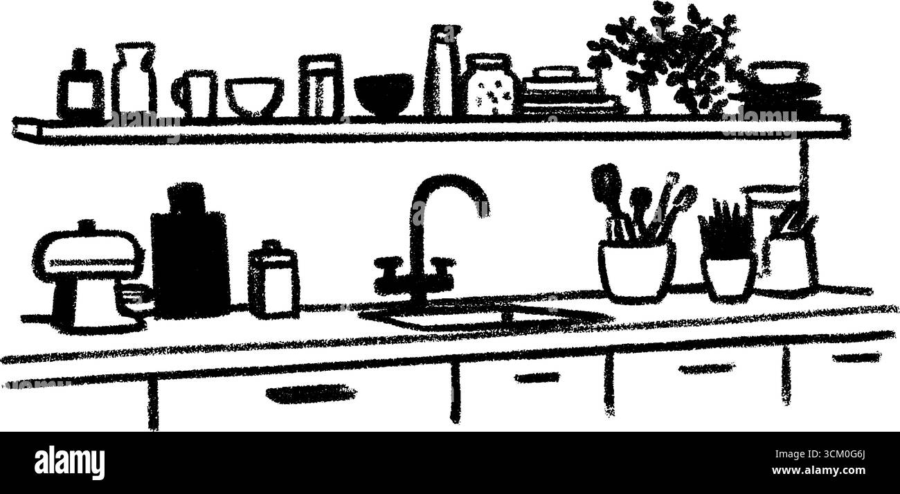 Black bold pencil sketch of a long galley kitchen with contemporary ...