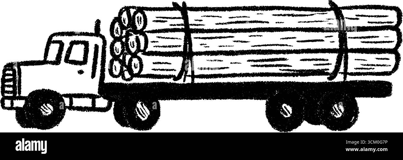 Hand drawn sketch of log transport truck with tied down timber for ...