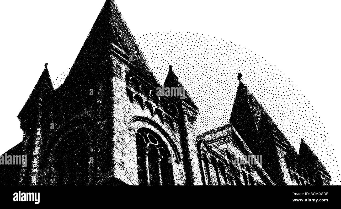 Vintage gothic cathedral facade in halftone style for artistic poster ...