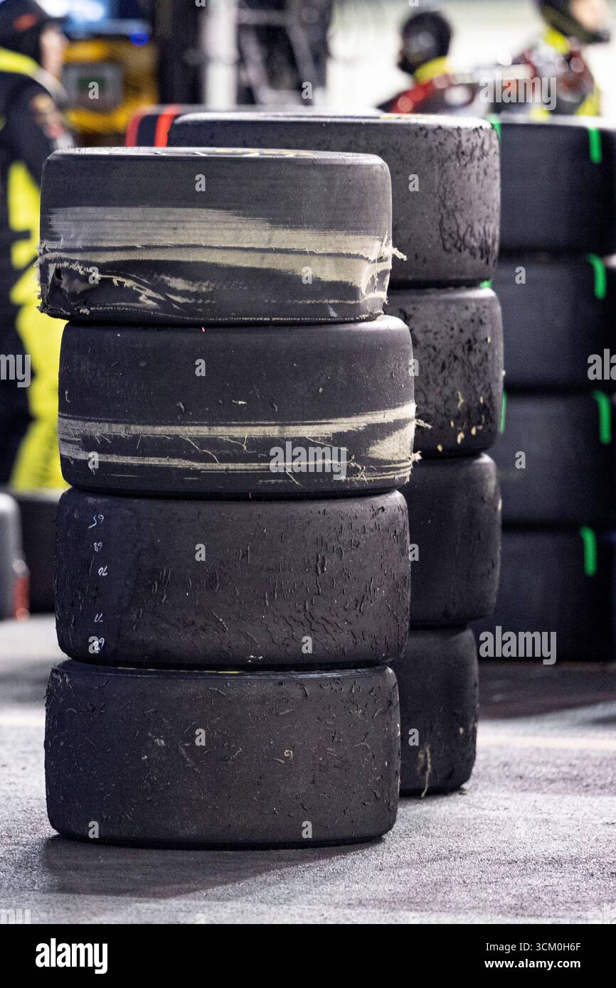 Tires showing cords are seen during a NASCAR Cup Series auto race ...