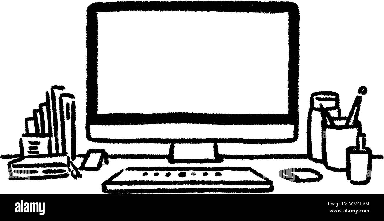 Creative animator's workstation sketch featuring screen, tools, and ...