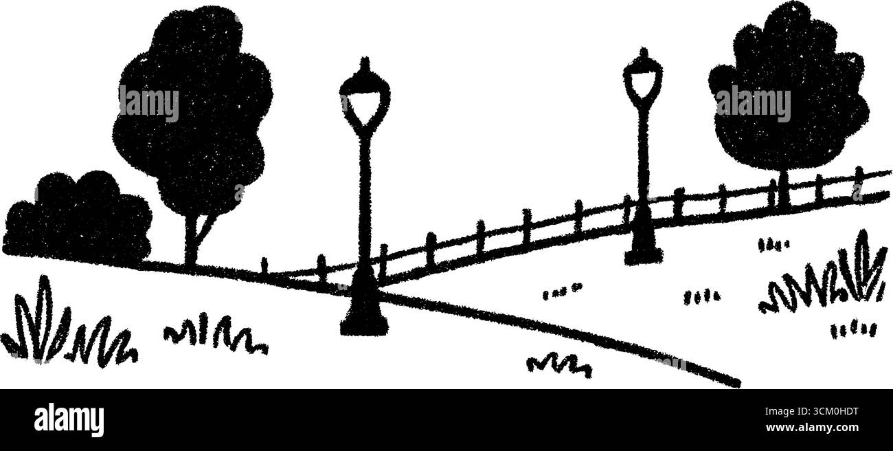 Hand drawn park scene with lamp posts and fences – ideal for nature ...