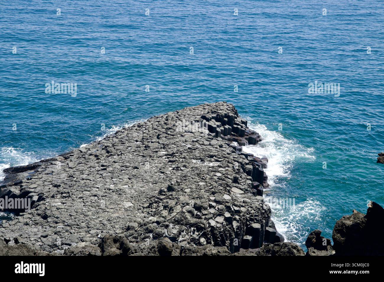 A wide expanse of basalt columns at Daepo Jusangjeolli Cliffs meets the ...