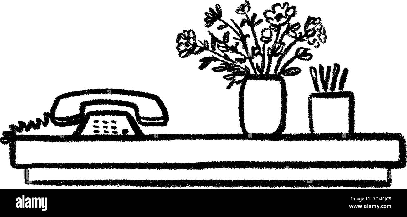 Artistic sketch of a reception desk with phone and floral display Stock ...