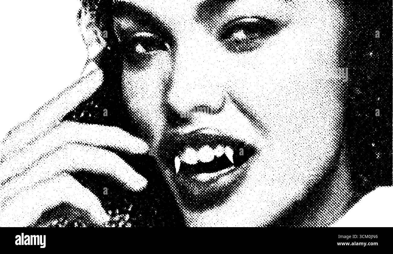 Vampire female with bared fangs and blood teardrop in pop art halftone ...