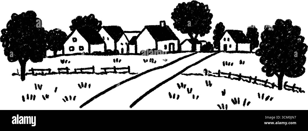 Rustic village scene with road, trees, and fences in hand drawn sketch ...