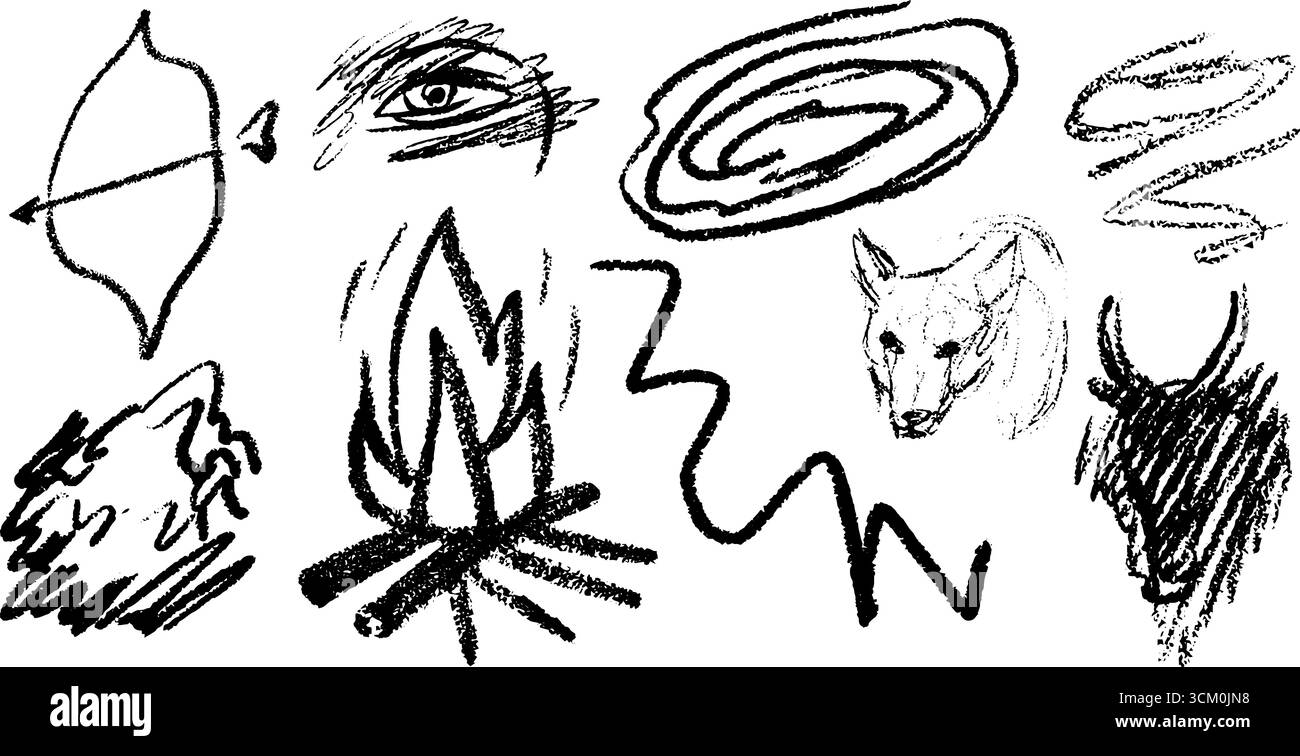 Wilderness adventure sketch: bow, arrow, and chasing scenes in crayon ...