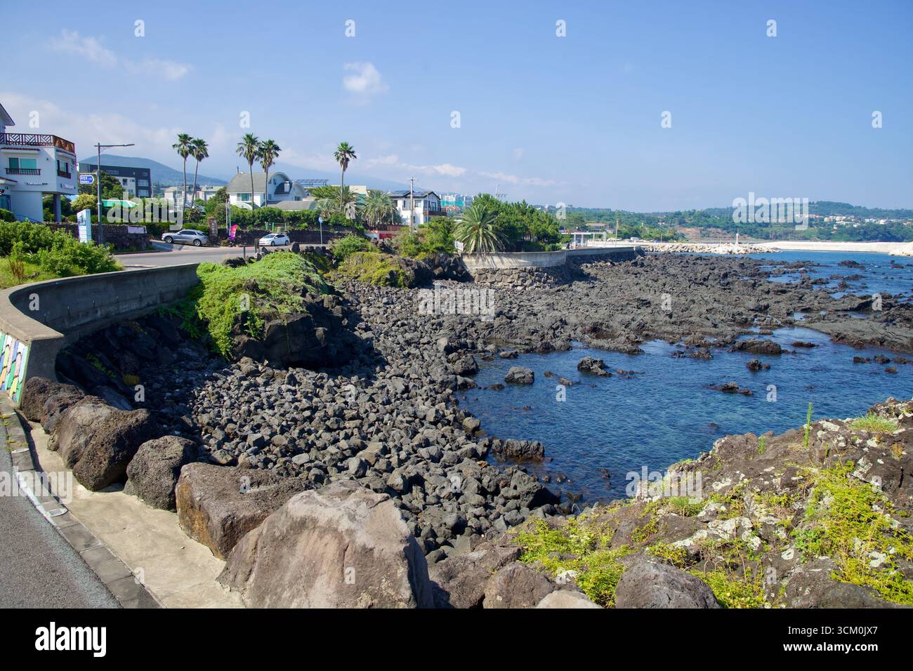 Palm trees and houses overlook the volcanic shoreline of Beophwan ...